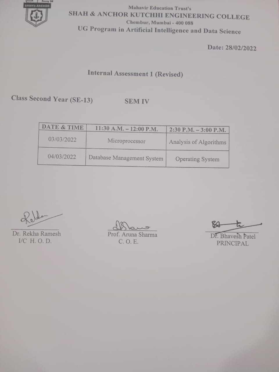 IA1 Revised Time Table FH2022 – SAKEC – Artificial Intelligence & Data Science